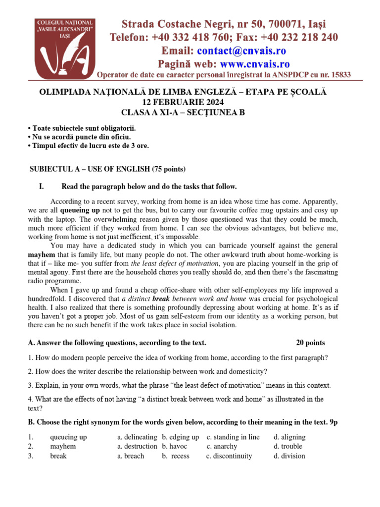 CLASA A XI-a SECȚIUNEA B - SUBIECT | PDF | Advertising