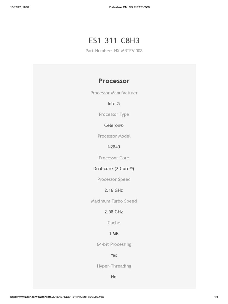 Datasheet Acer Aspire E31-311 | PDF | Computer Architecture | Manufactured Goods