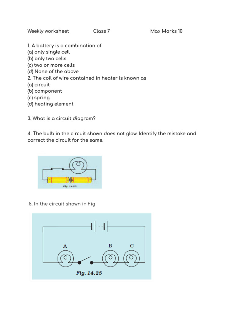 CLass 7 weekly worksheet-Electric current | PDF