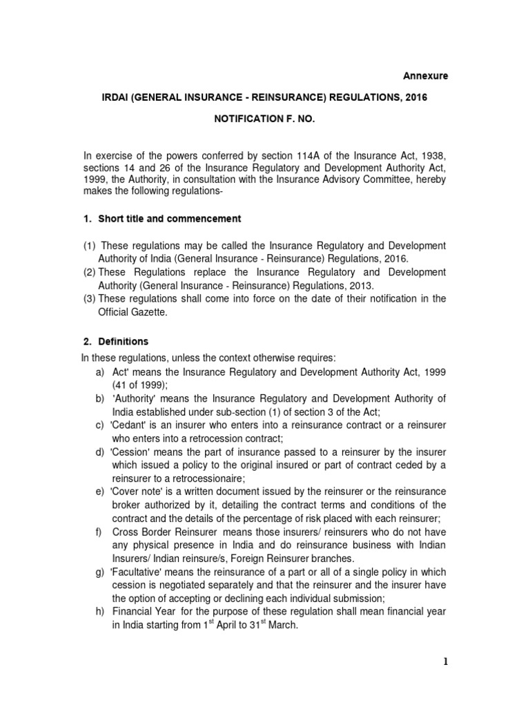 IRDAI Reinsurance Regulations 2016 | PDF | Reinsurance | Insurance