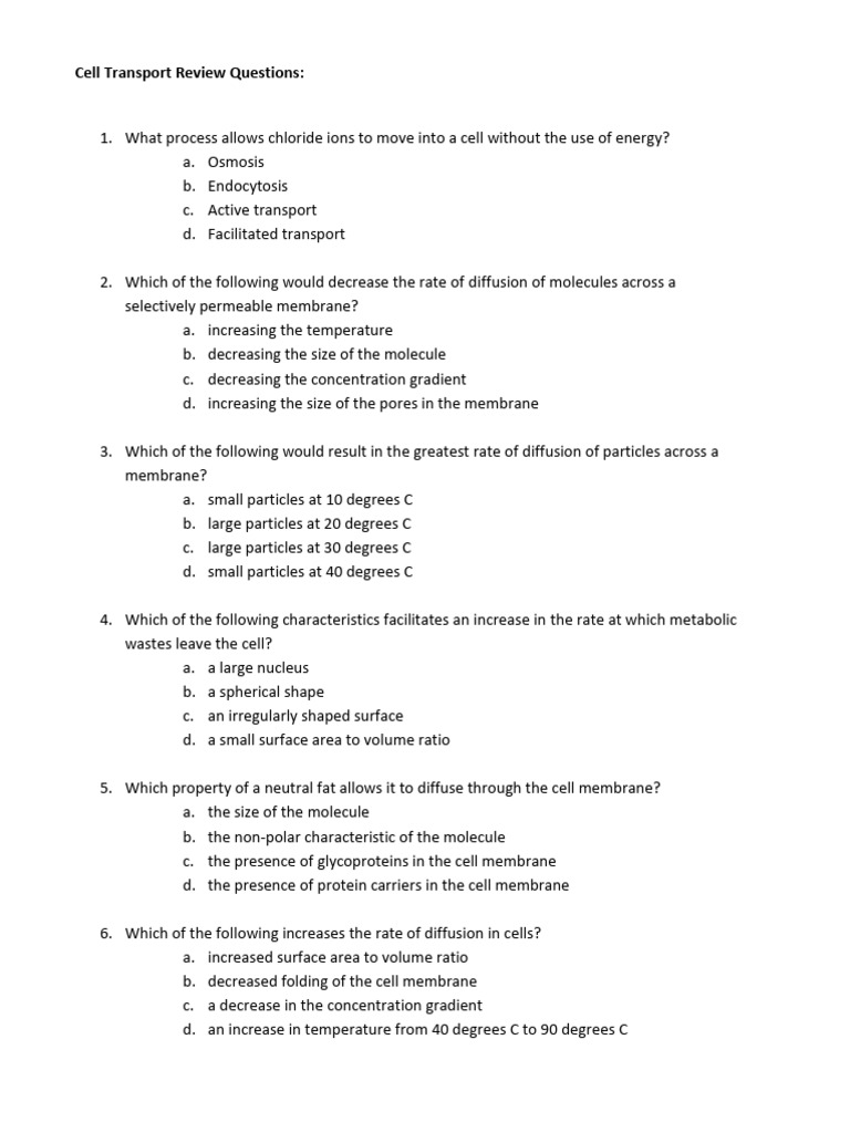 12 - Cell Transport Review Questions | PDF | Cell Membrane | Diffusion