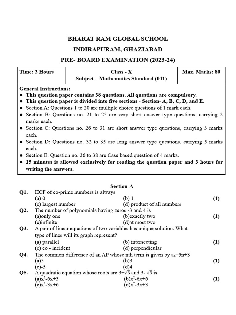 Class X Mathematics Pre-Board Exam 2023-24 | PDF | Sphere | Area