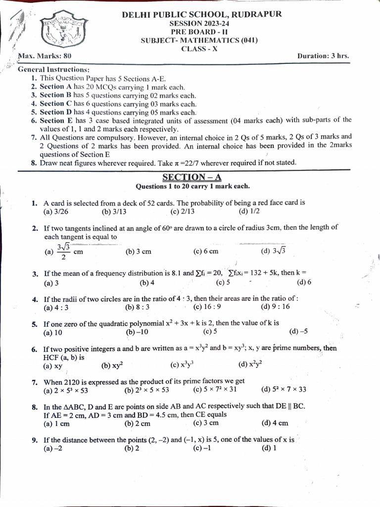 Class X Maths (Standard) Pre-Board 2023-2024 (DPS, Rudrapur) | PDF