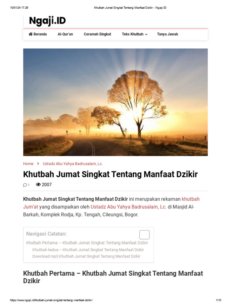 Khutbah Jumat Singkat Tentang Manfaat Dzikir - Ngaji - ID | PDF