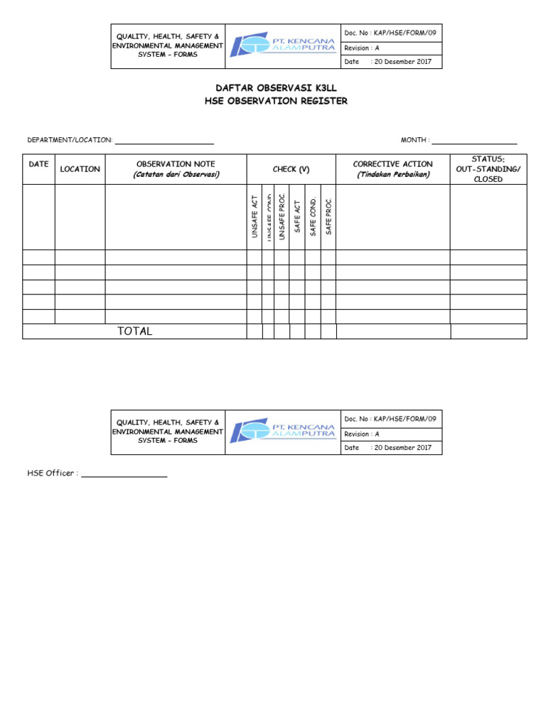 KAP_HSE_FORM_09_HSE Observation Register | PDF | Safety | Labor Relations