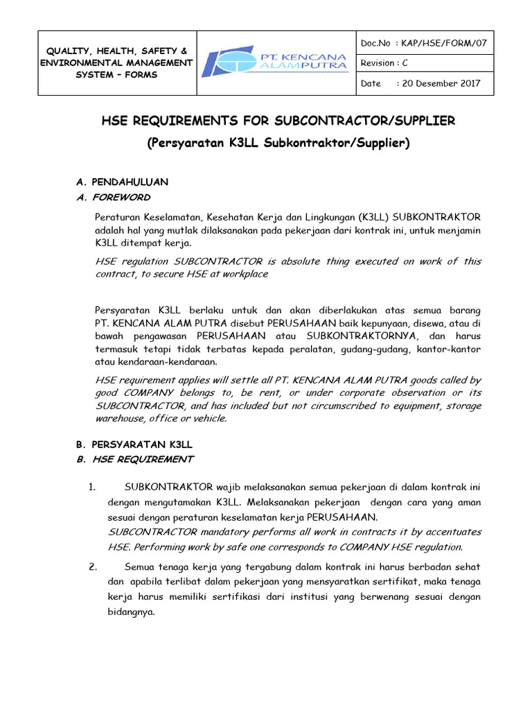 KAP - HSE - FORM - 07 - Persyaratan K3LL Subkontraktor | PDF