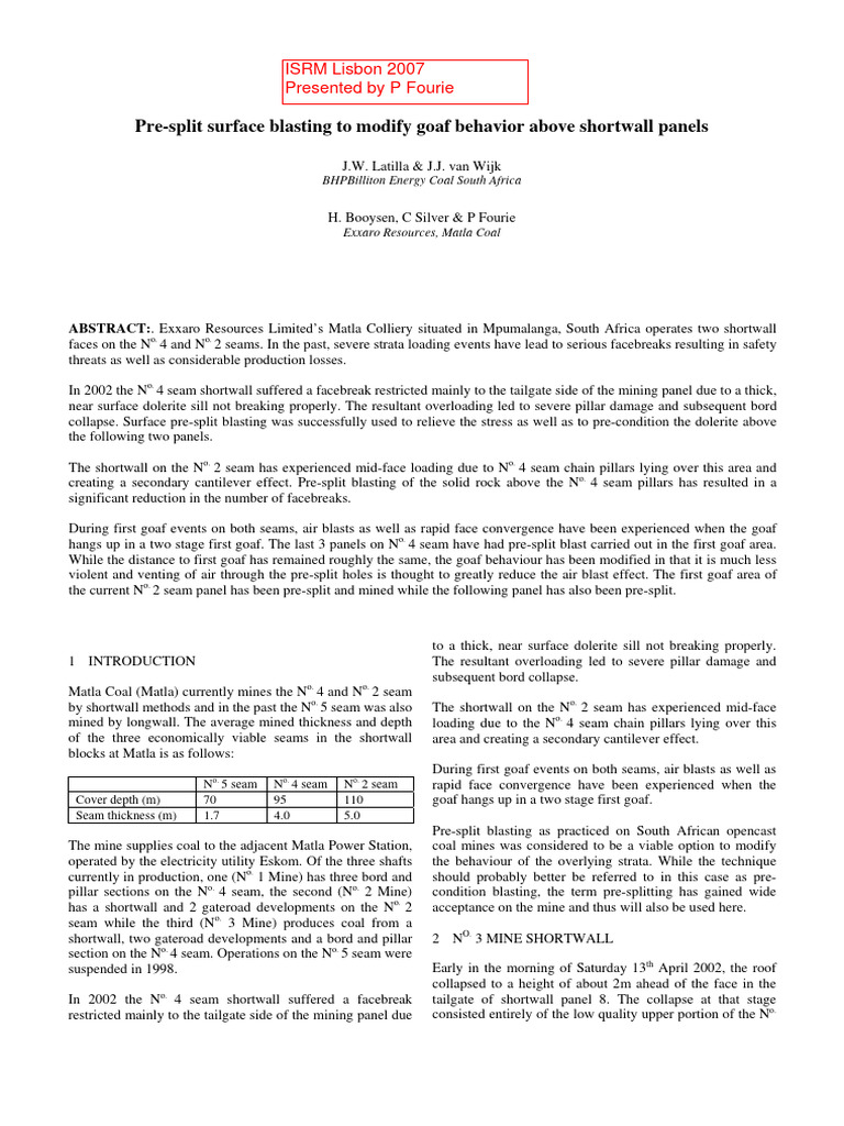 Latilla 2007 Pre-Split Blasting To Modify Goaf Behaviour | PDF | Coal ...