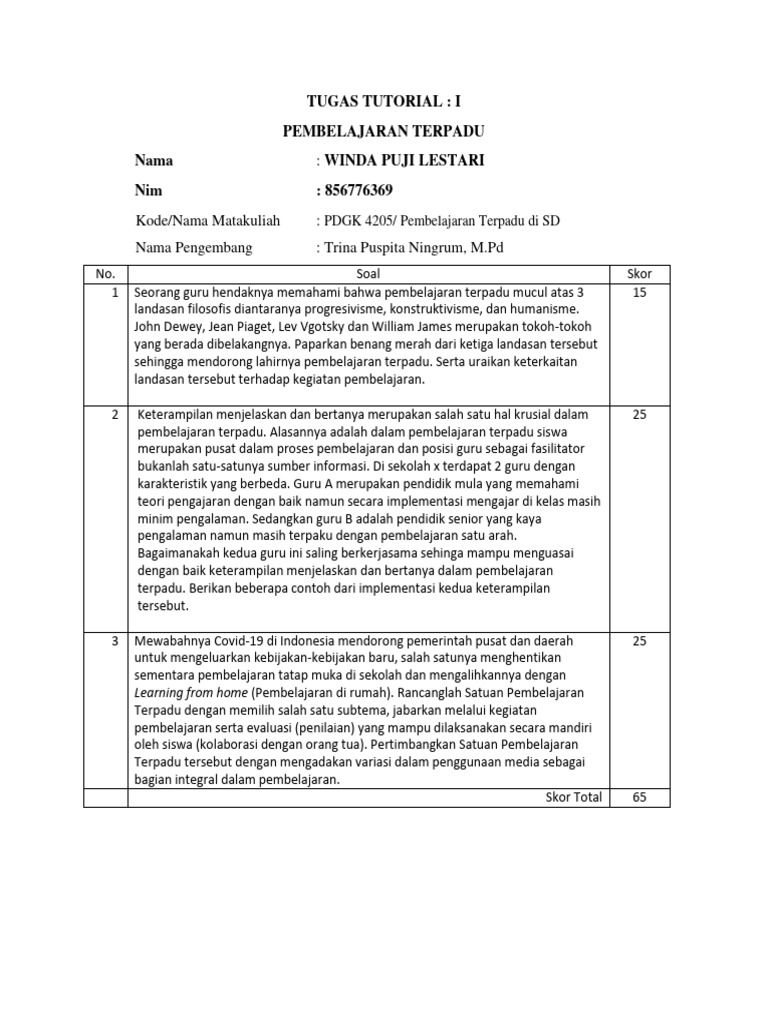 Latihan Uji Kompetensi 1 PEMBELAJARAN TERPADU WINDA PUJI LESTARI | PDF