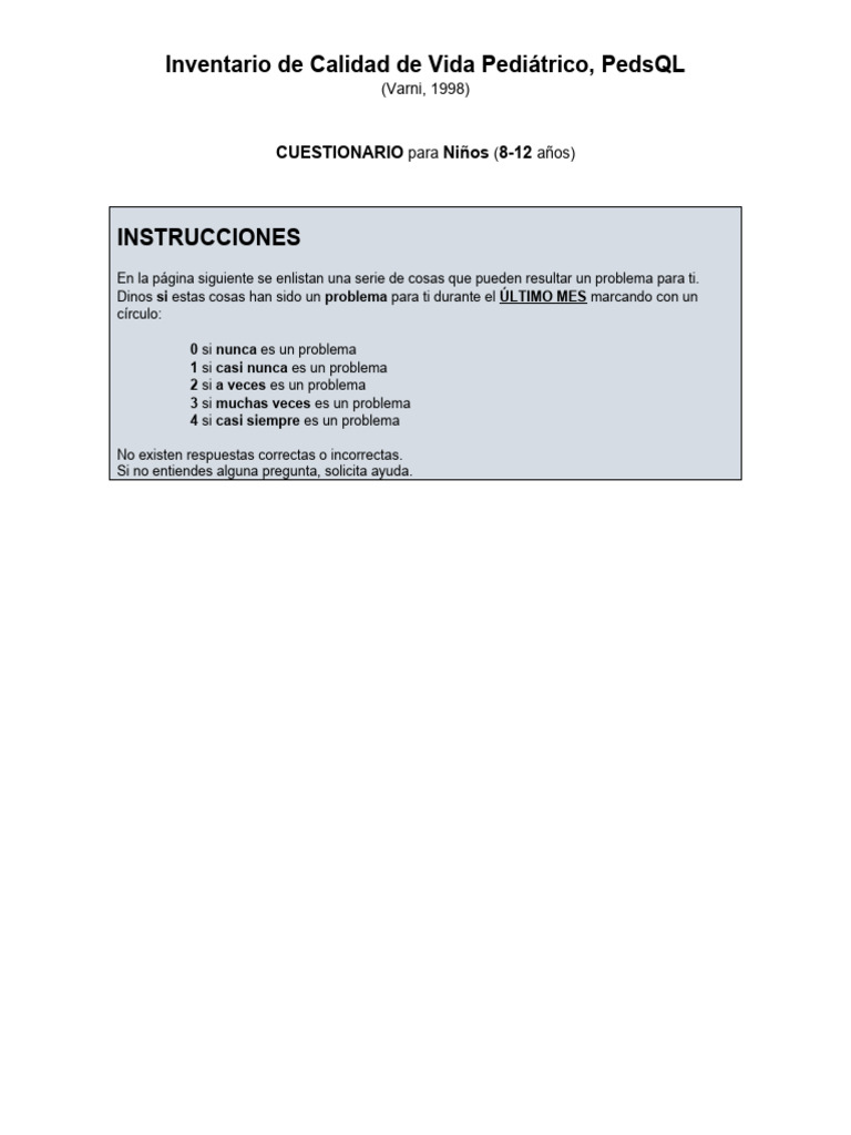 PedsQL - Cuestionario para Adolescentes Edad 8-12 | PDF