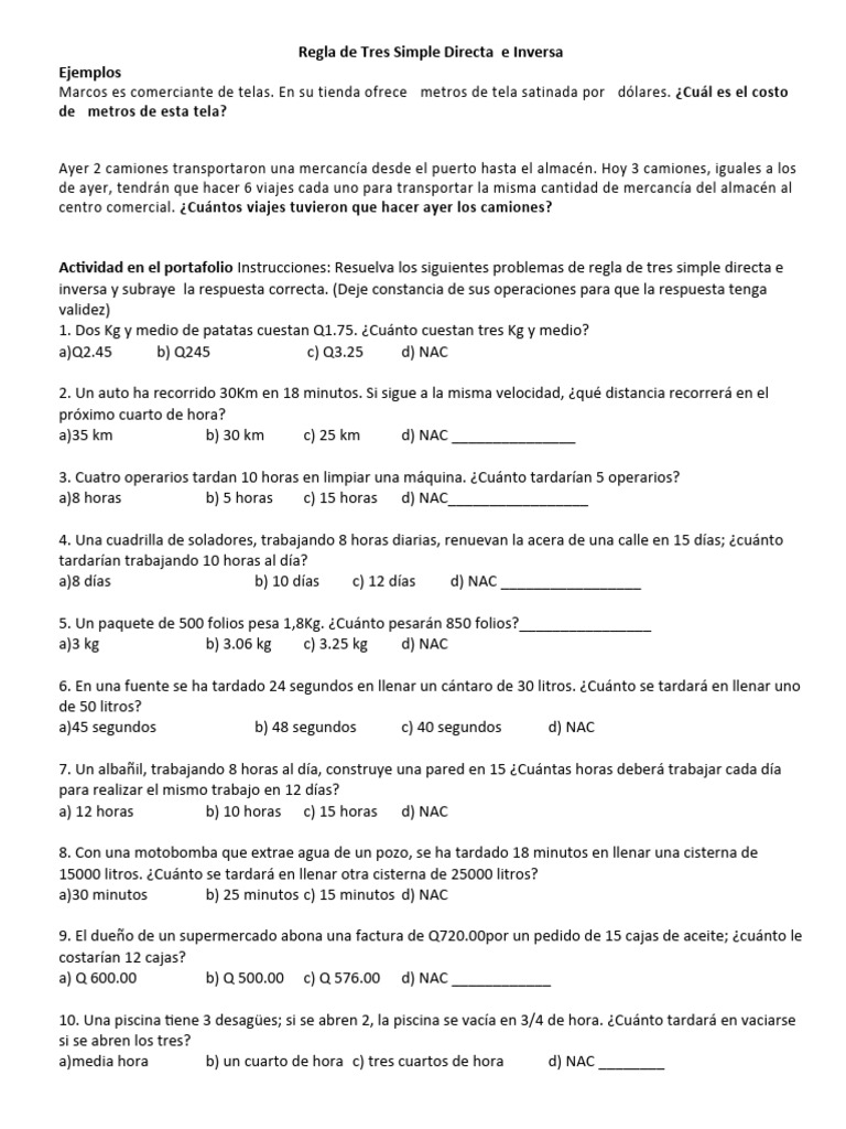 Regla de Tres Simple Directa e Inversa | PDF