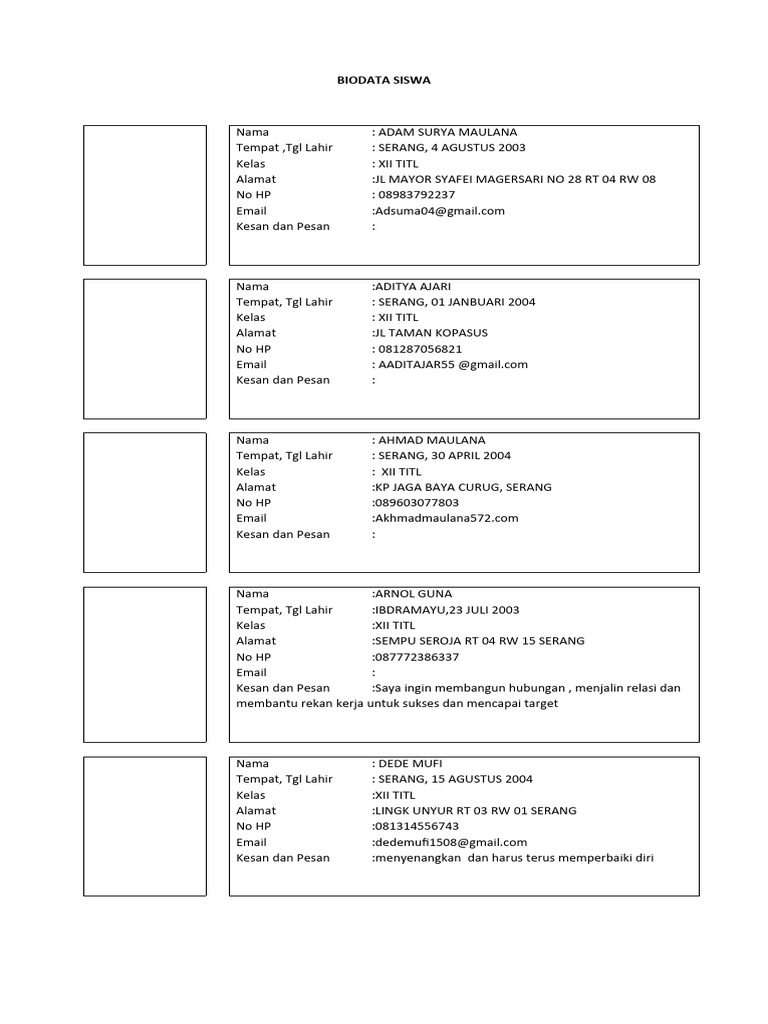 BIODATA SISWA Tuk ALBUM KELAS | PDF