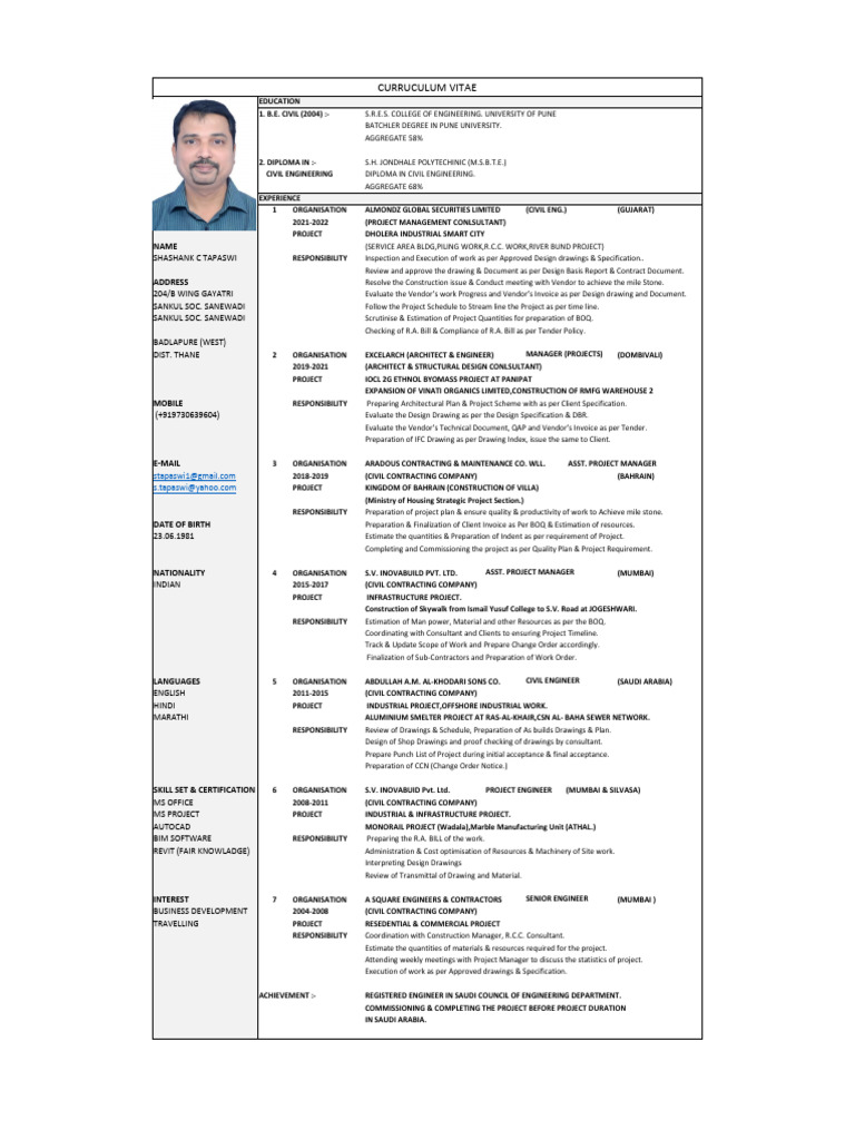 Shashank Tapaswi - BE Civil | PDF | Business | Engineering