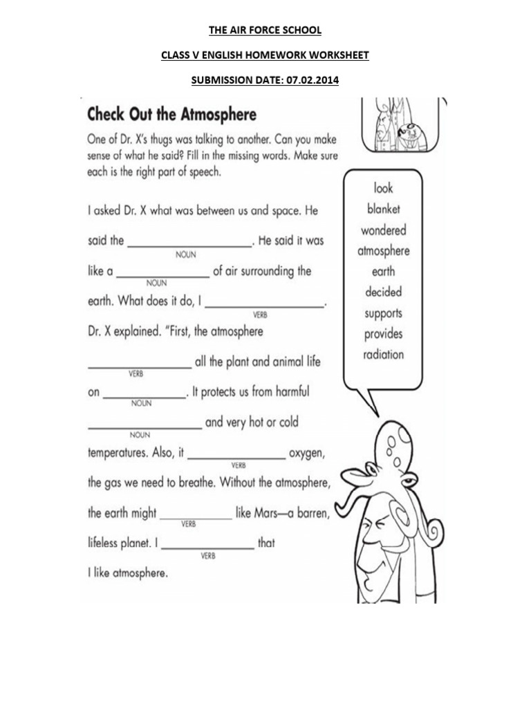 CBSE Class 5 English Worksheet - Atmosphere | PDF