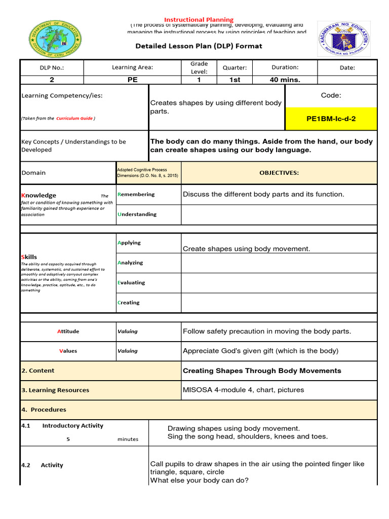 Detailed Lesson Plan (DLP) Format: 2 1 1st PE 40 Mins | Download Free PDF | Learning | Knowledge
