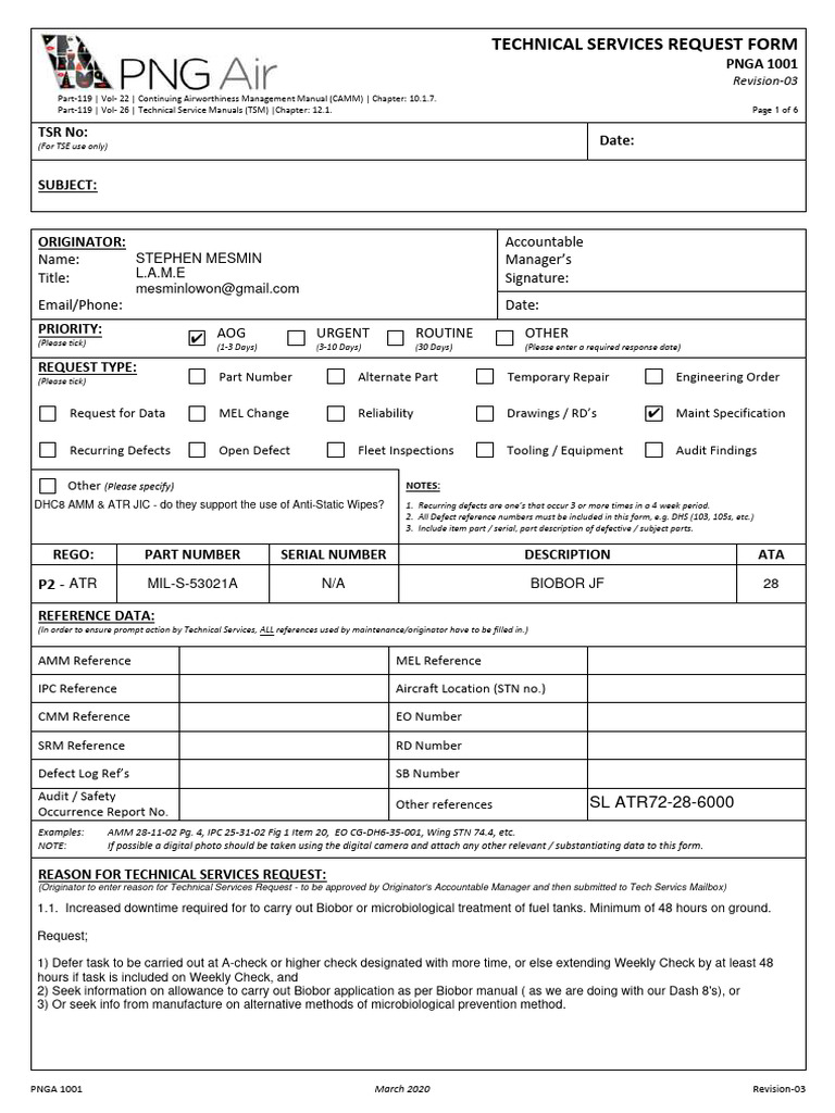 Technical Services Request Form | PDF | Aviation
