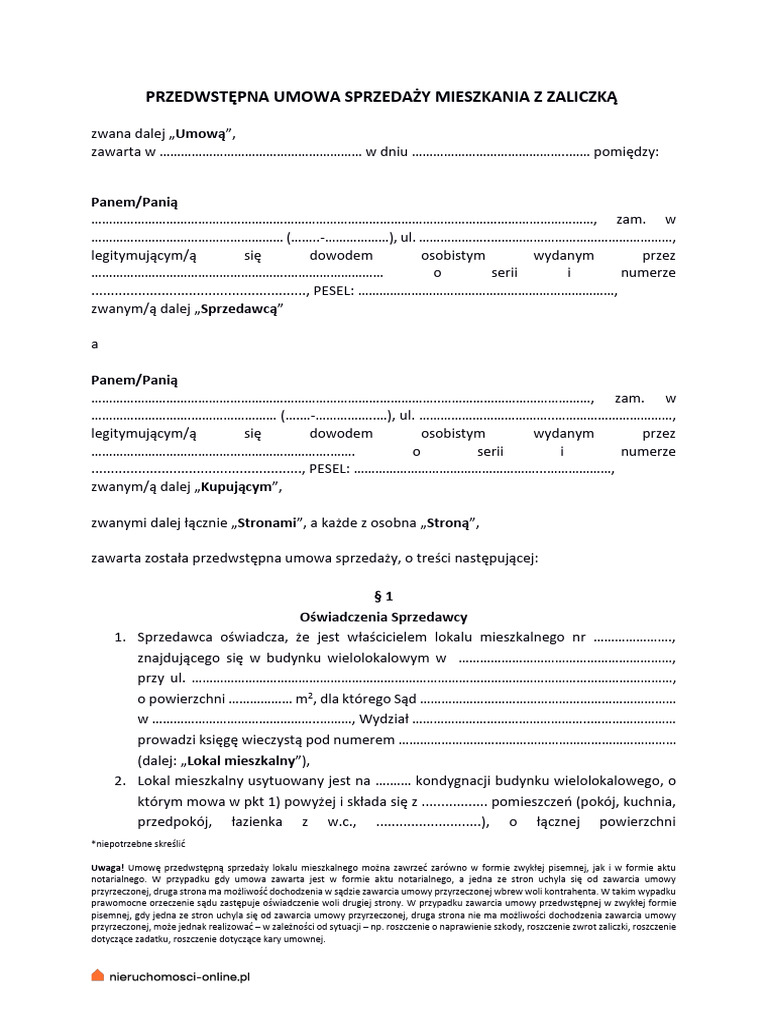 Przedwstepna Umowa Sprzedazy Mieszkania Z Zaliczka | PDF