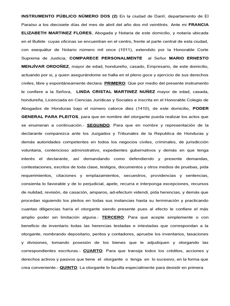 Poder General para Pleitos en Honduras | PDF | Gobierno | Justicia