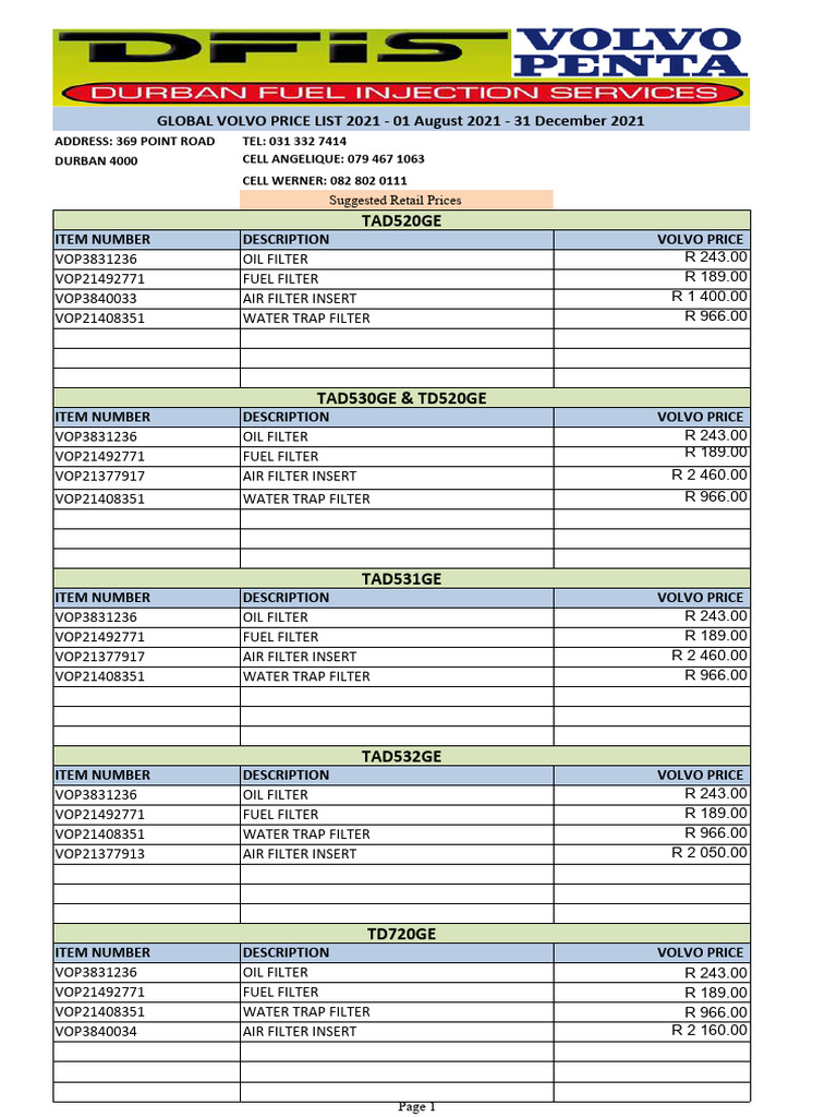 VOLVO SERVICE KITS-BELTS - 2021 - Midyear Increase - Unlocked | PDF ...
