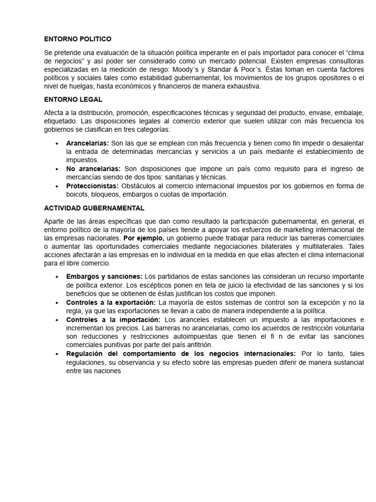 ENTORNO POLITICO Y LEGAL | PDF | Barreras no arancelarias al comercio ...