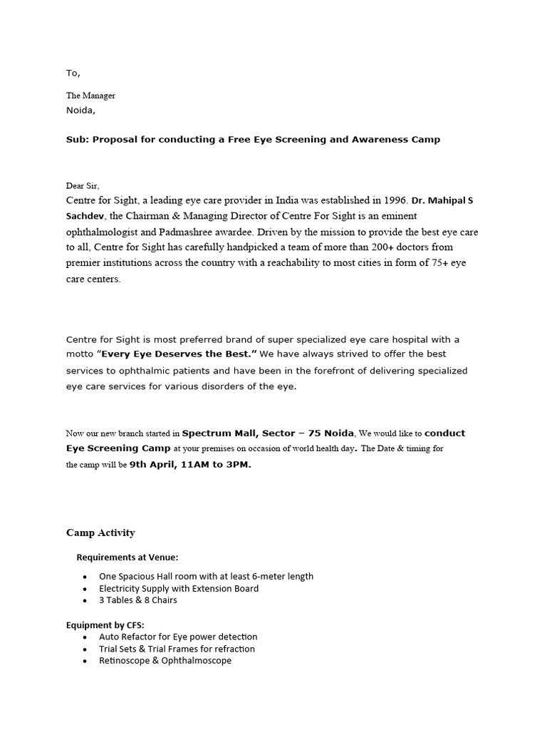 Proposal for Free Eye Screening Camp | PDF