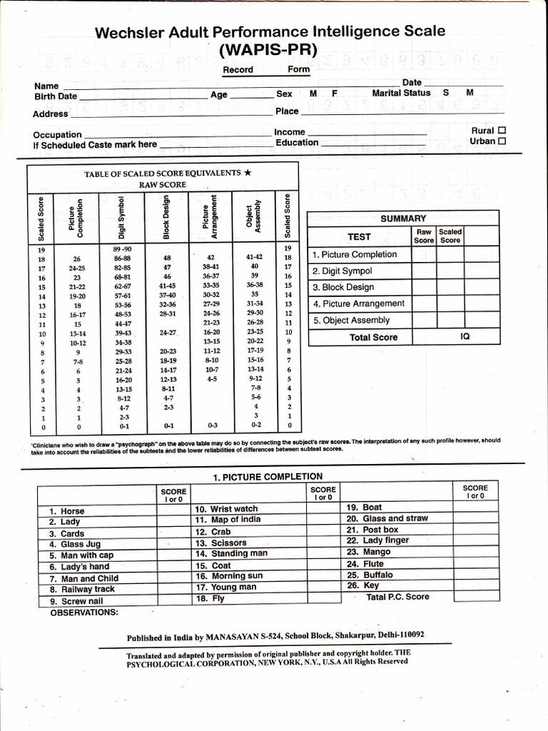 Wapis-Pr (Iq Test) | Download Free PDF | Intelligence Quotient ...
