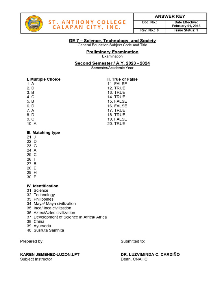 STS Answer Key | PDF