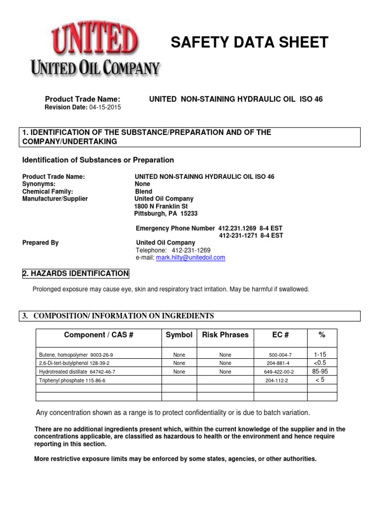Uoc Sds Nonstaining Hydraulic Oil Iso 46 | PDF | Superfund | Toxicity