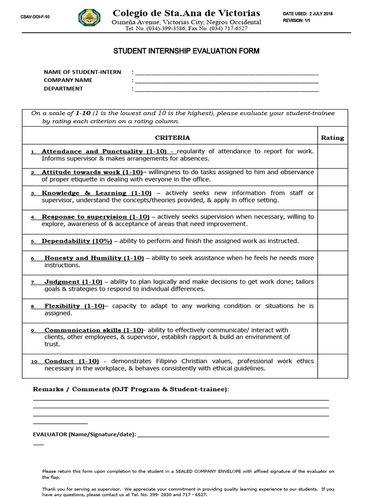 F 10 Ojt Practicum Evaluation Form | PDF | Psychological Concepts | Cognitive Science