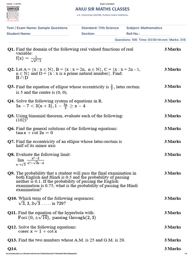 3 Marks Questions 11TH Class | PDF | Mathematical Concepts | Analytic ...