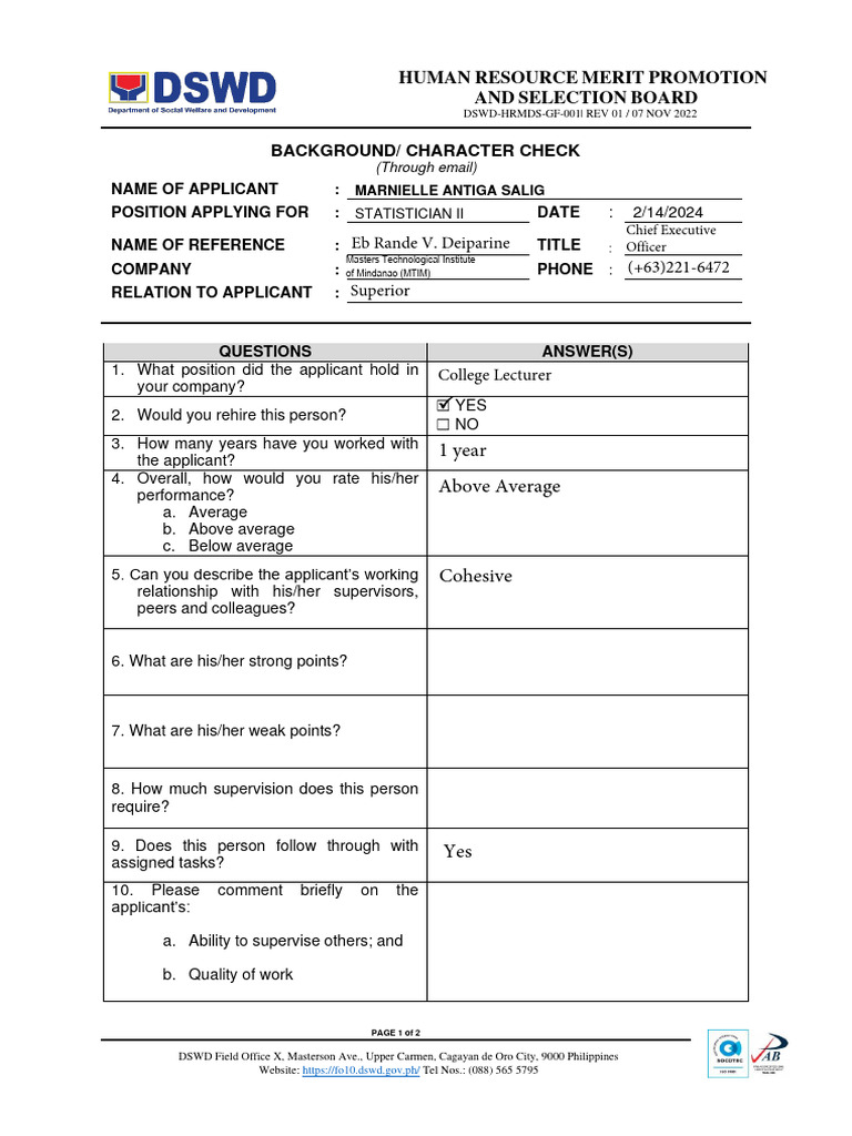 DSWD-HRMDS-GF-001 - REV01 - Background Check Form-Signed | PDF | Business