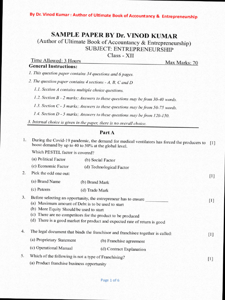 New Sample Paper Entrepreneurship Class 12 | PDF