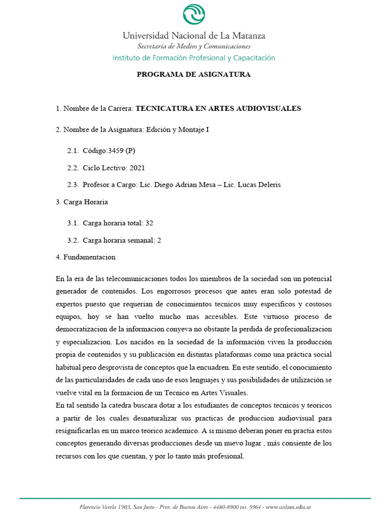 PROGRAMA DE ASIGNATURA Montaje y Edicion 1 | PDF