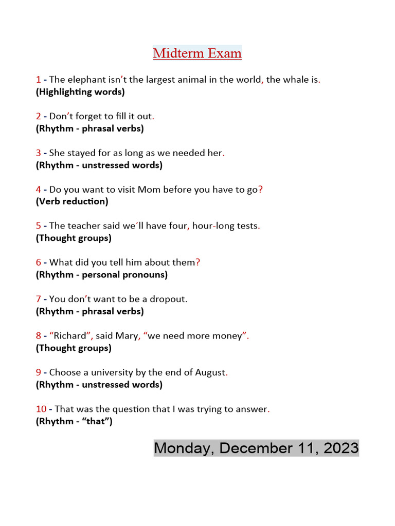 Midterm Exam Review: English Rhythm & Grammar | PDF