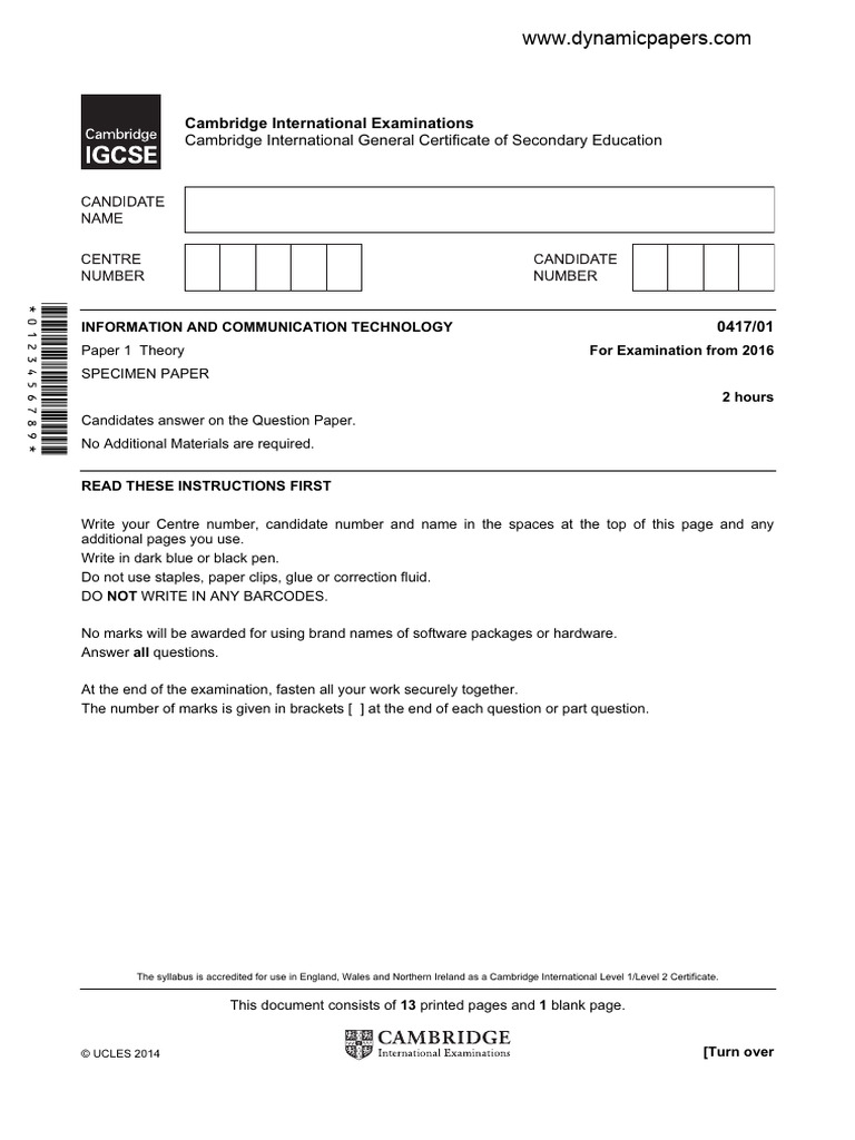 Cambridge ICT IGCSE Specimen Paper 2016 | PDF | Barcode | Computing