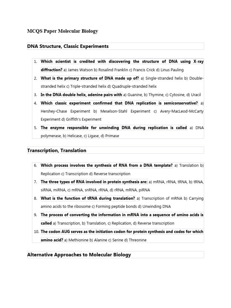 MCQS Paper Molecular Biology | PDF | Genetic Linkage | Dna