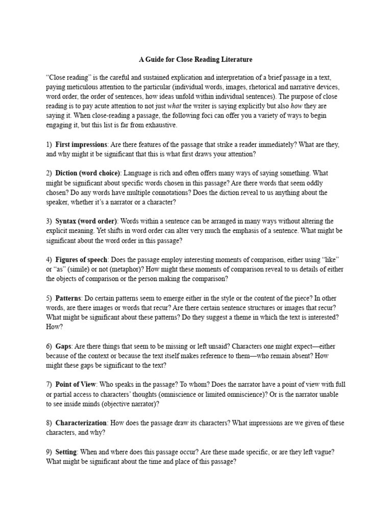 A Guide For Close Reading Literature | PDF | Narration | Cognition