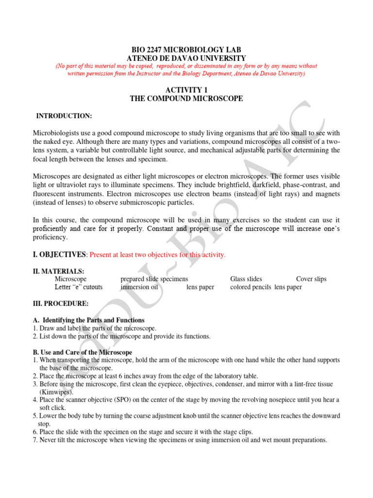 Act 1 The Compound Microscope 2023 Updated Pdf Microscope