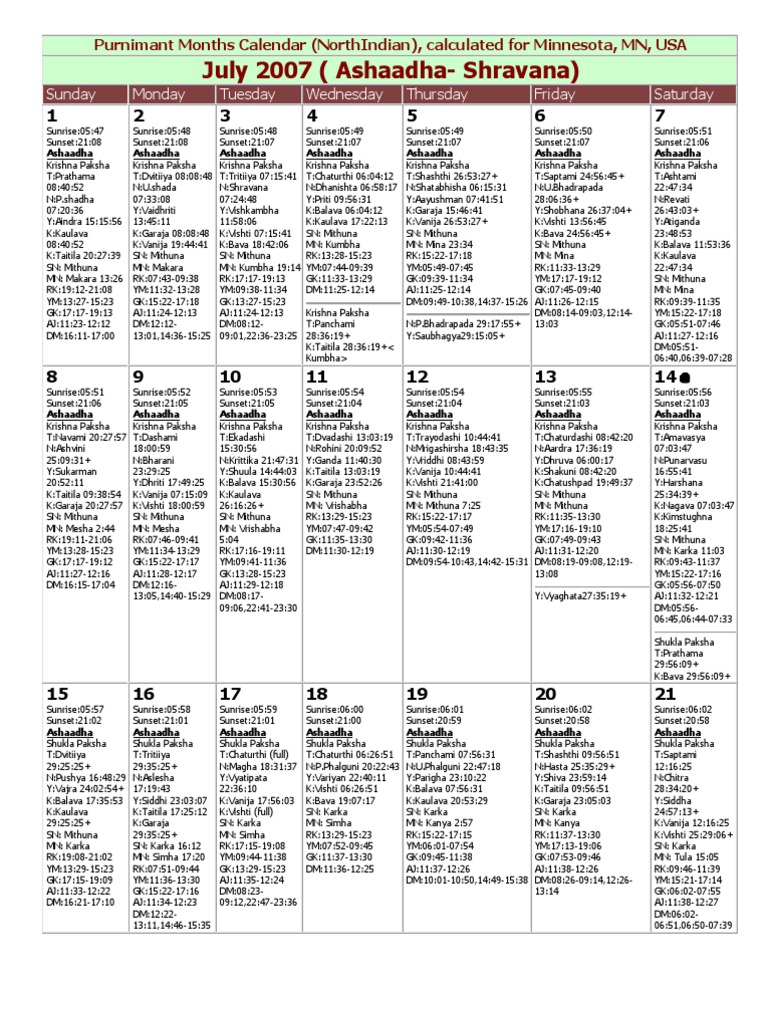 2007 Hindu Calendar for July | PDF | Ancient Astronomy | Lunisolar ...