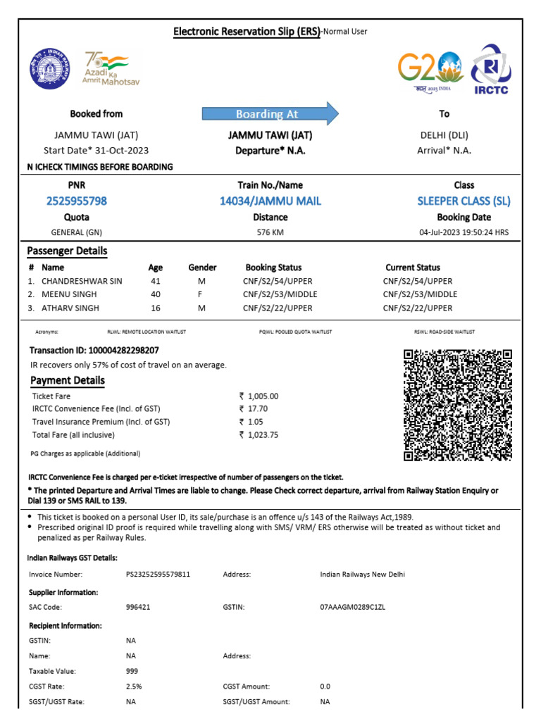 14034/JAMMU MAIL Sleeper Class (SL) | PDF | Identity Document | Payments