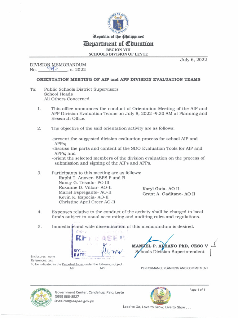 DM No. 397, S. 2022 - Orientation Meeting of AIP and APP Division ...