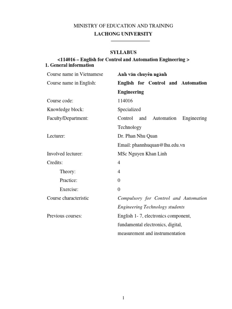 English For Control And Automation Engineering Syllabus Pdf Teachers Lecture