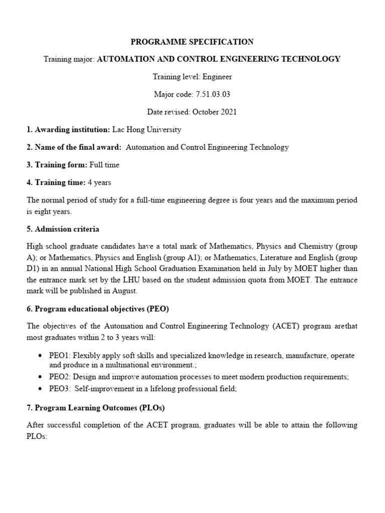 Programme Specification 2021 Acet | PDF | Engineering | Automation