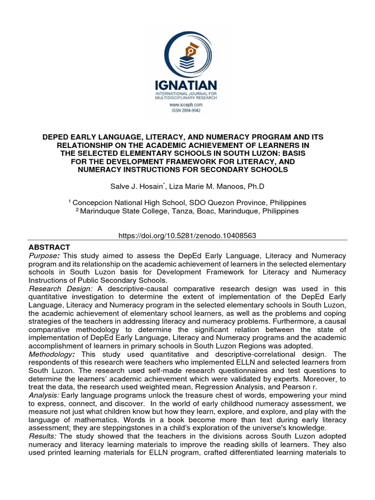 Deped Early Language Literacy and Numeracy Program Salve J. Hosain and ...