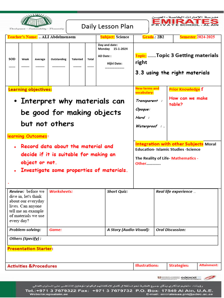 Daily Lesson Plan Preparation: - Interpret Why Materials Can Be Good ...