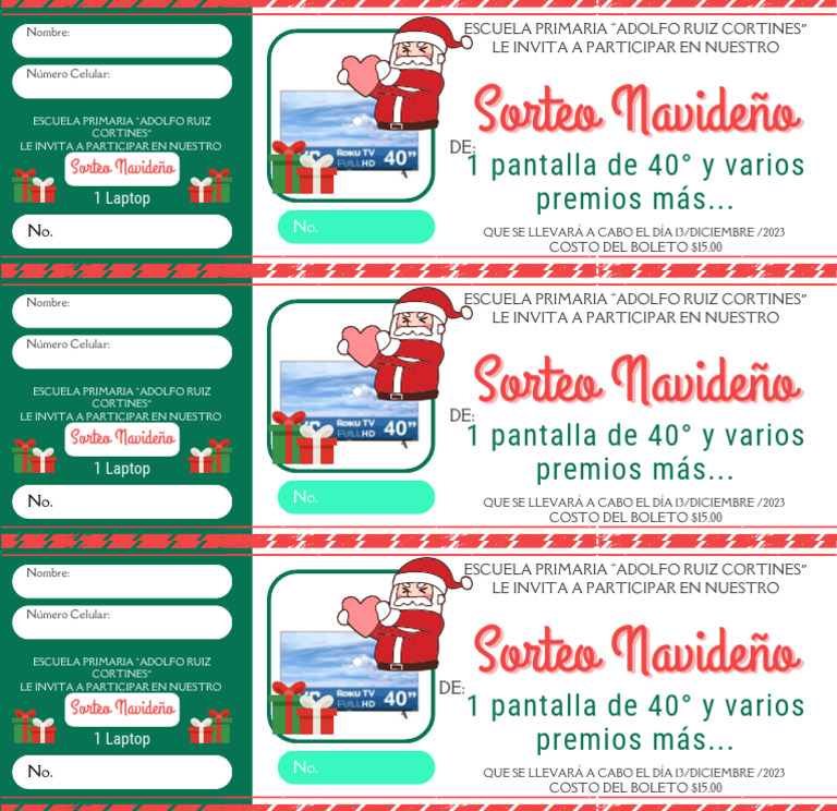 Boleto para Sorteo Escolar Navideño, Rojo y Verde. Estilo Talonario. | PDF