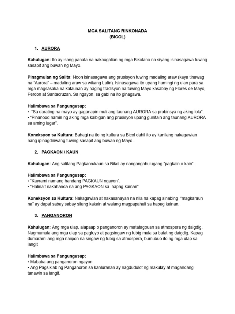 Mga Salitang Rinkonada Bicol | PDF