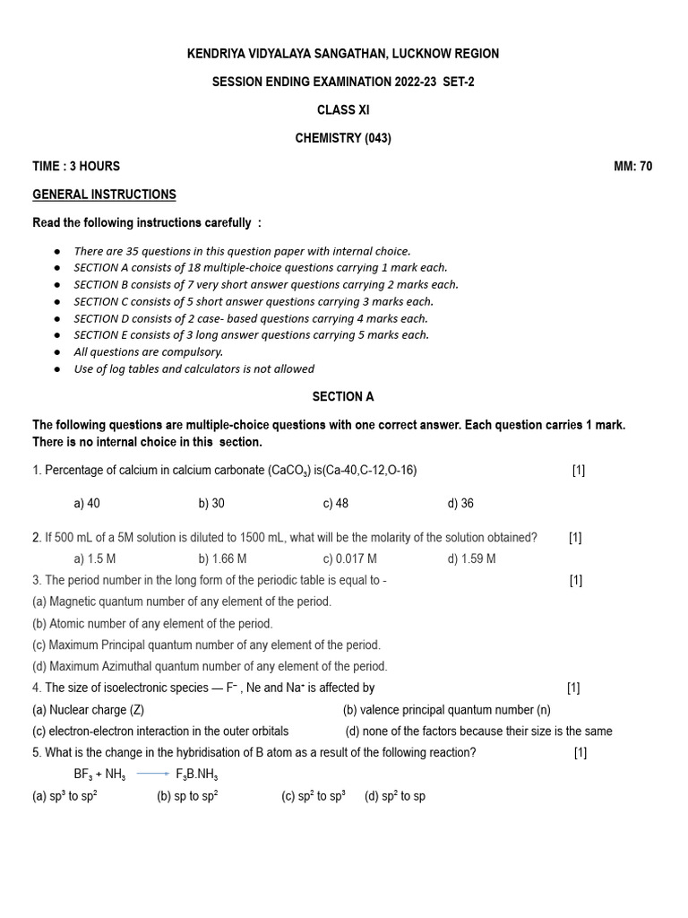 Class 11 Chemistry Sample Paper | PDF | Acid | Acid Dissociation Constant