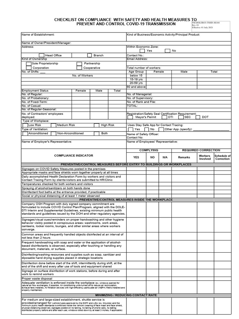 Checklist On Compliance With Safety and Health Measures To Prevent ...