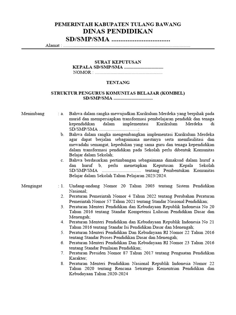 Format SK Komunitas Belajar Sekolah | PDF
