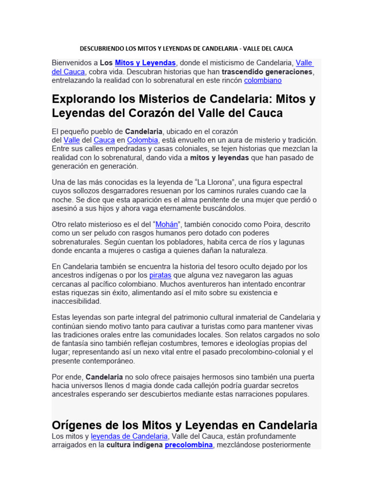 Descubriendo Los Mitos y Leyendas de Candelaria - Valle Del Cauca | PDF